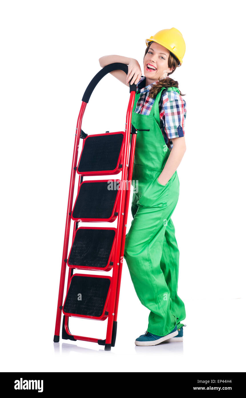 Woman repair worker with ladder Stock Photo - Alamy