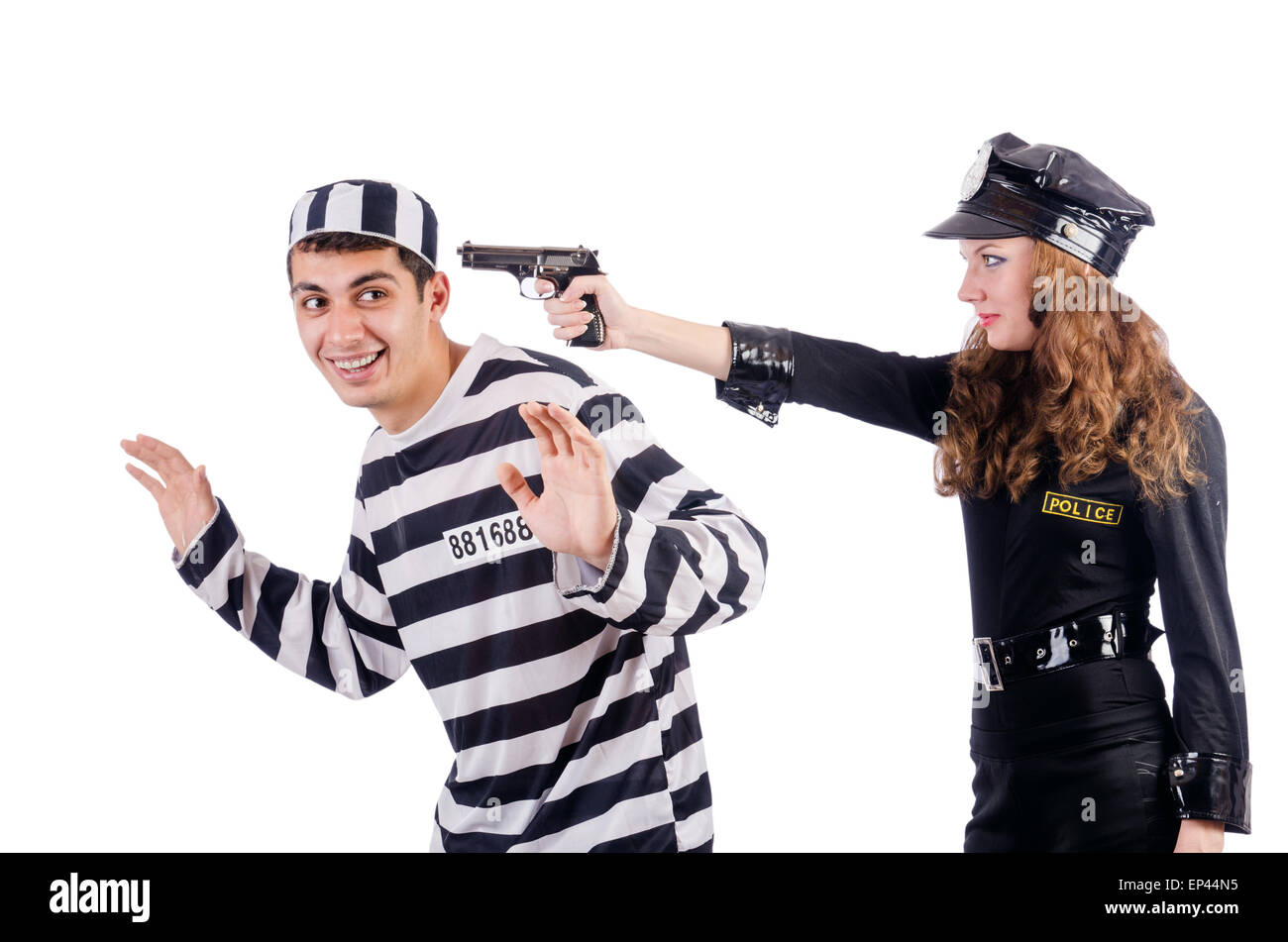 Police and prison inmate on white Stock Photo - Alamy