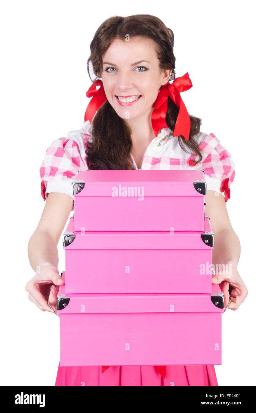 Young woman with storage boxes on white Stock Photo - Alamy