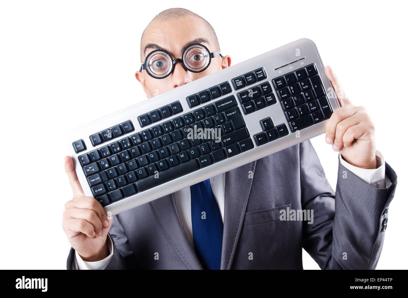 Nerd businessman with computer keyboard on white Stock Photo - Alamy