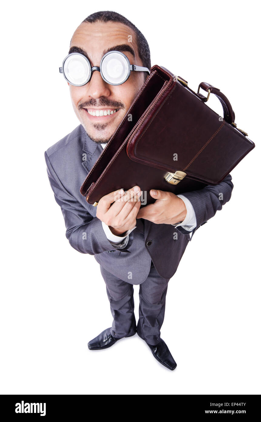 Funny nerd businessman isolated on white Stock Photo - Alamy