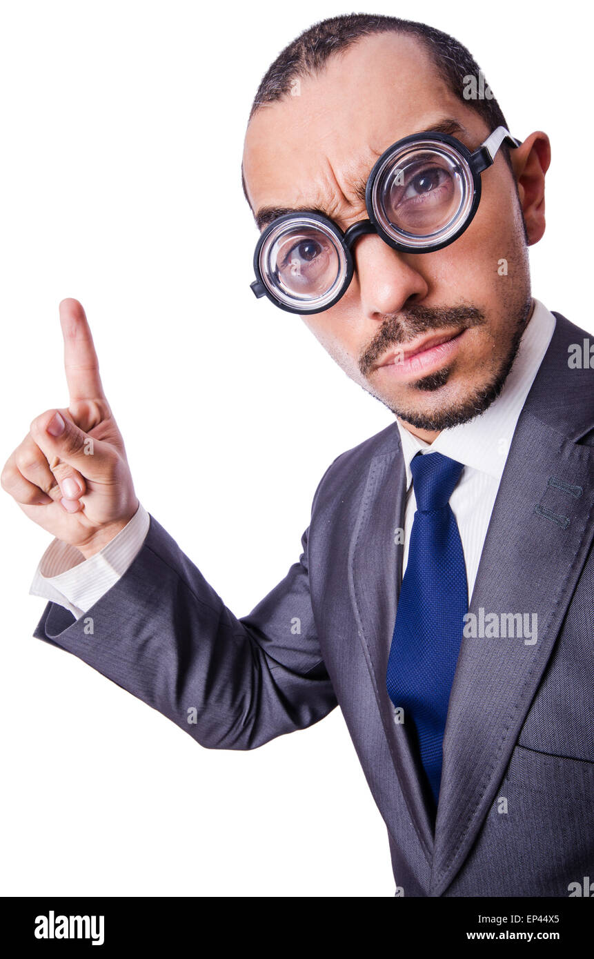 Funny nerd businessman isolated on white Stock Photo - Alamy
