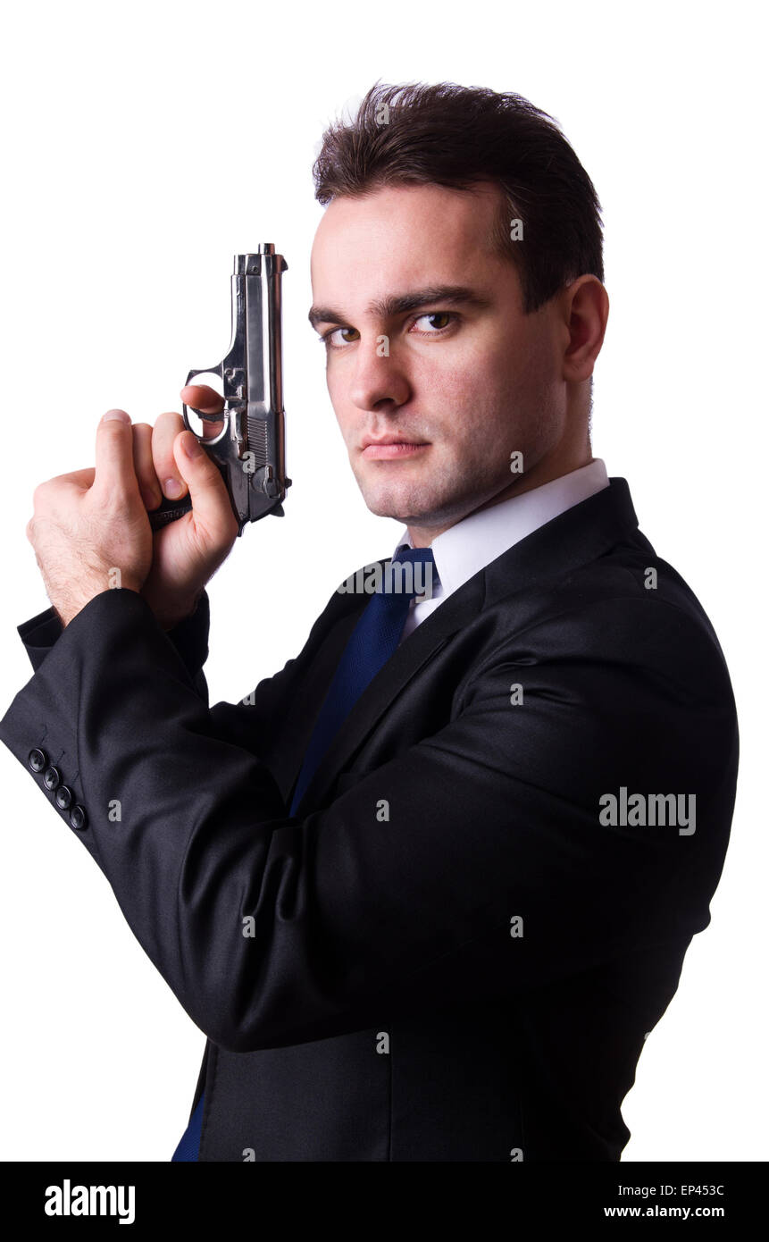 Businessman with gun isolated on white Stock Photo - Alamy