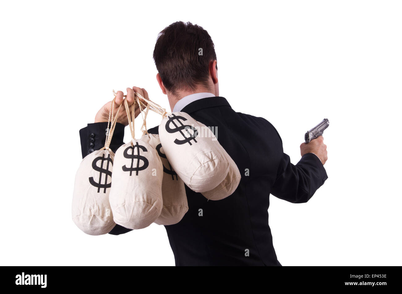 Gangster with bags of money on white Stock Photo - Alamy