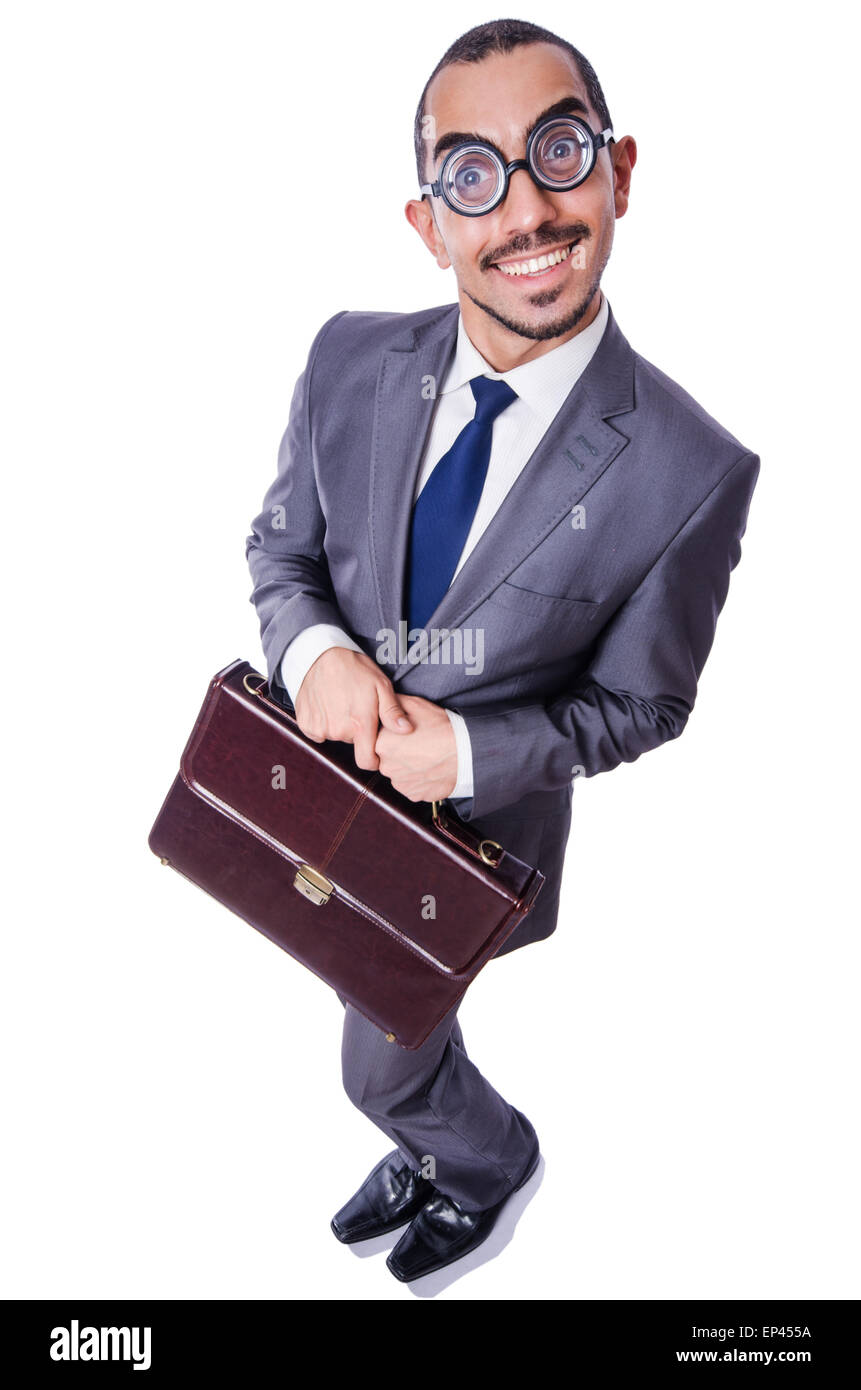 Funny nerd businessman isolated on white Stock Photo - Alamy