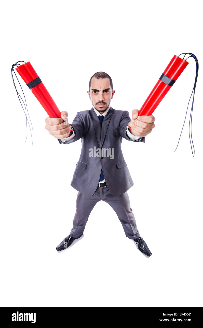 Businessman with dynamite isolated on white Stock Photo - Alamy