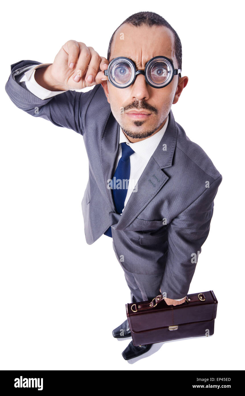 Funny nerd businessman isolated on white Stock Photo - Alamy