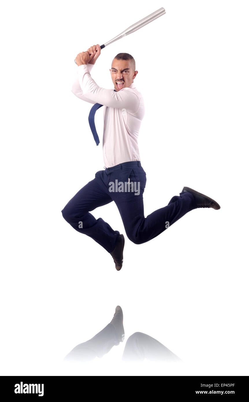 Jumping businessman with baseball bat Stock Photo - Alamy