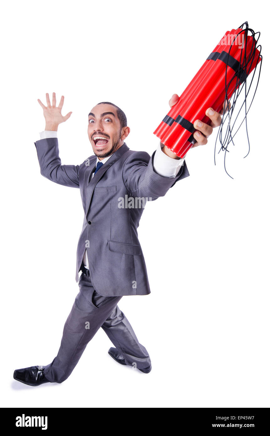 Businessman with dynamite isolated on white Stock Photo - Alamy