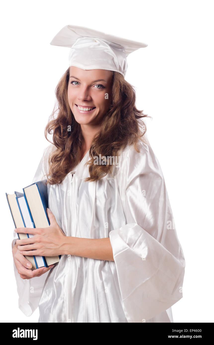 Graduate with book isolated on white Stock Photo - Alamy