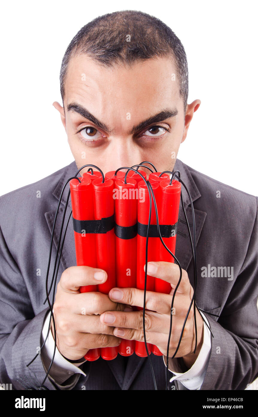 Businessman with dynamite isolated on white Stock Photo - Alamy