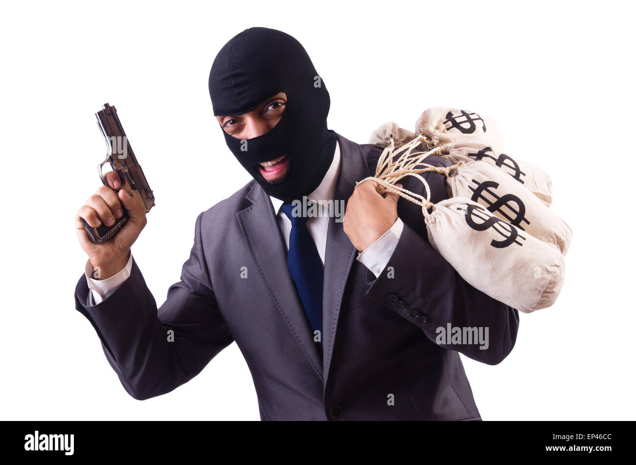 Gangster with bags of money on white Stock Photo - Alamy