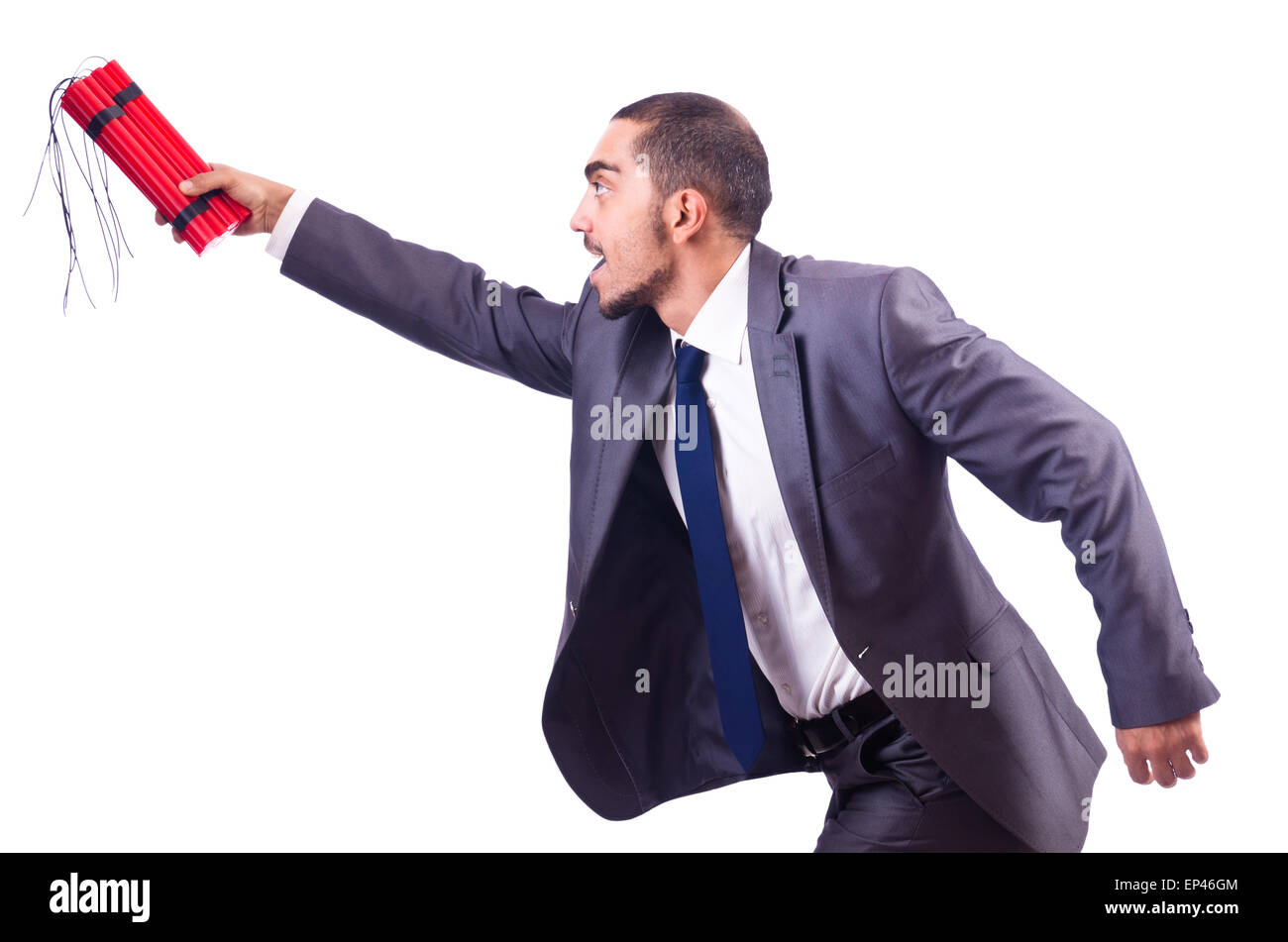 Businessman with dynamite isolated on white Stock Photo - Alamy