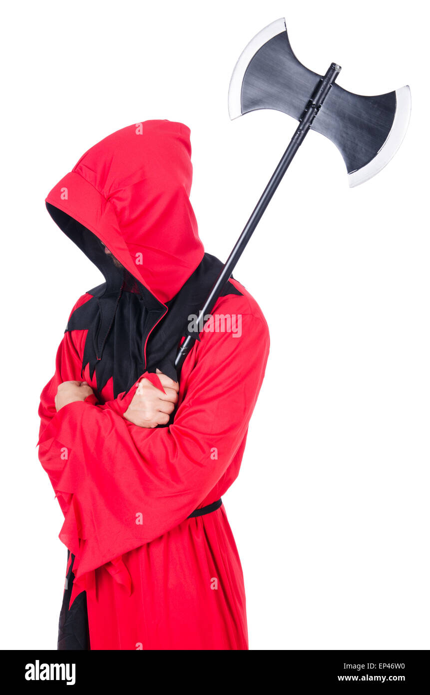 Executioner in red costume with axe on white Stock Photo - Alamy