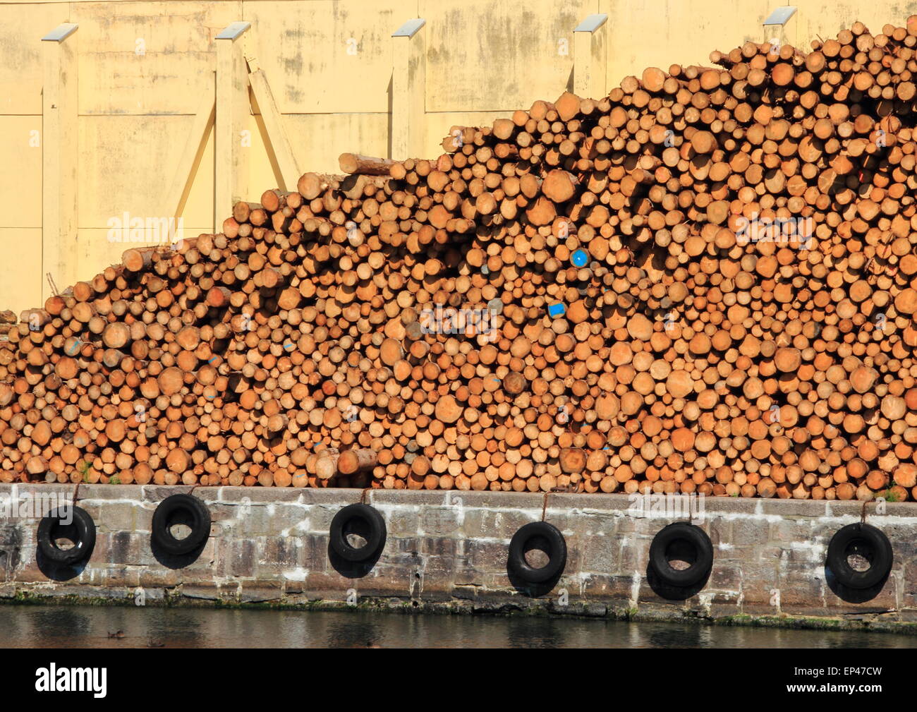 Pile of pinewood timber with building in background Stock Photo - Alamy