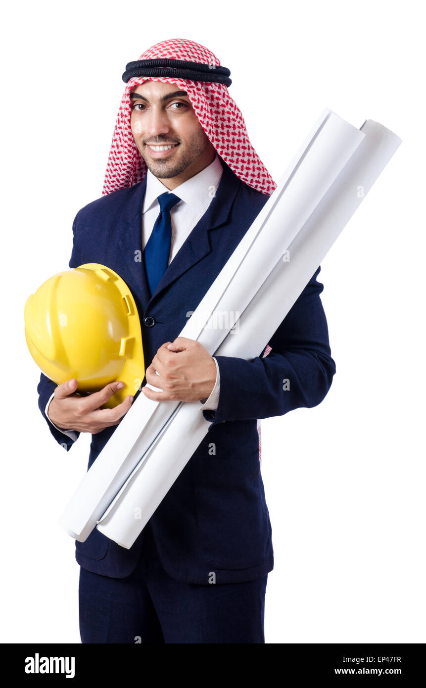 Arab engineer with drawings on white Stock Photo - Alamy