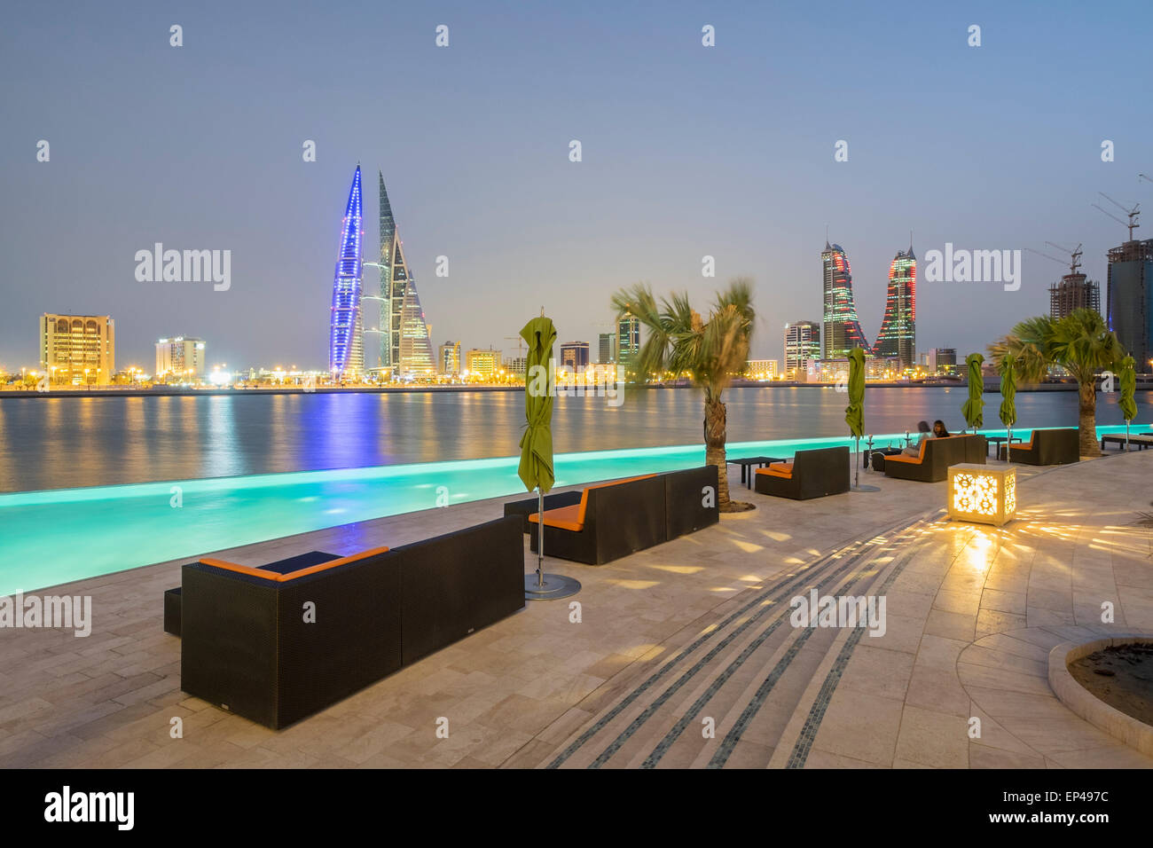 Skyline of Manama city from new Four Seasons Bahrain Bay luxury Hotel ...