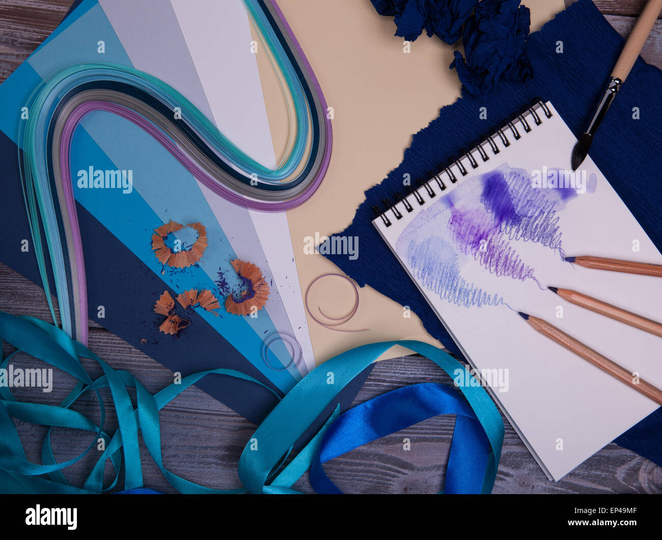 colored sheets of paper, scissors and other tools for creativity Stock ...