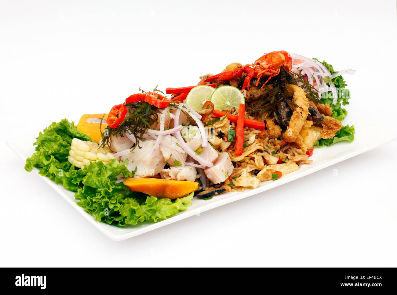 Peruvian food: combined rice, fried fish and ceviche Stock Photo - Alamy