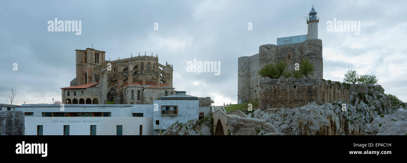 Gothic church Santa Maria, castle lighthouse in the harbor of Castro ...