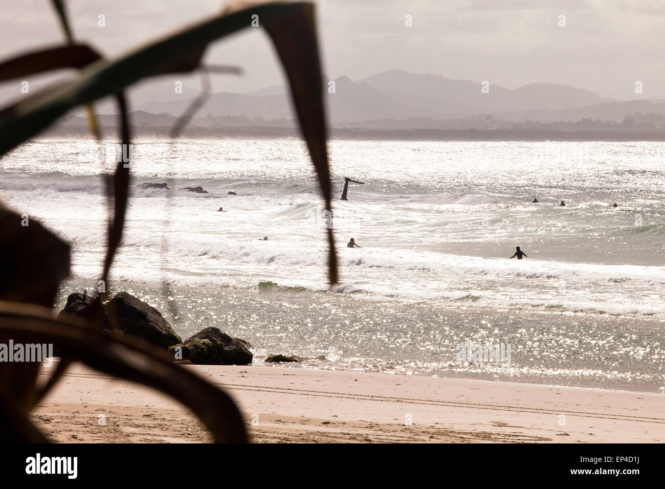 Surfers wait for waves at The Wreck break in Byron Bay, Australia Stock ...