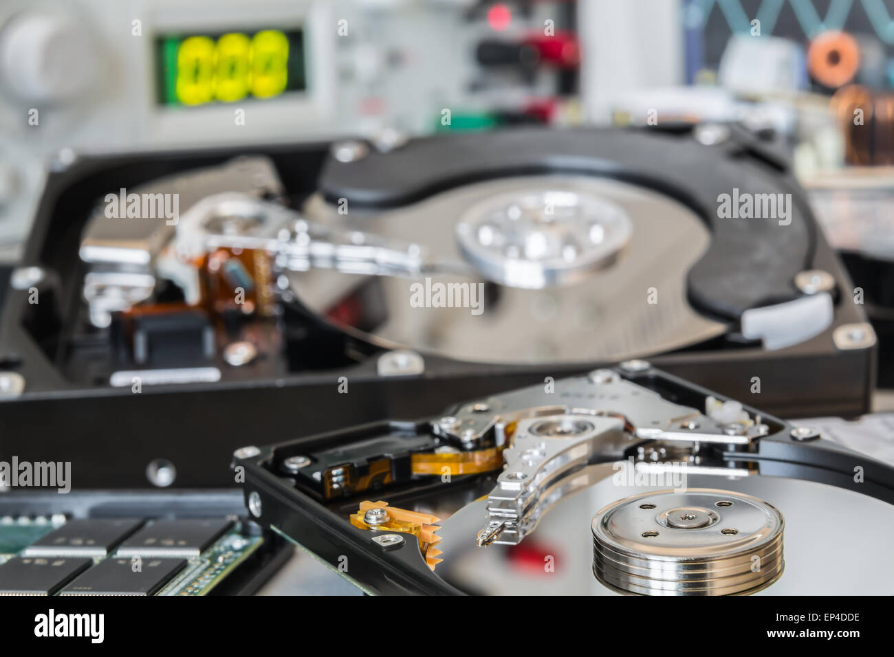HDDs in a test laboratory ready for data recovery or repair Stock Photo ...