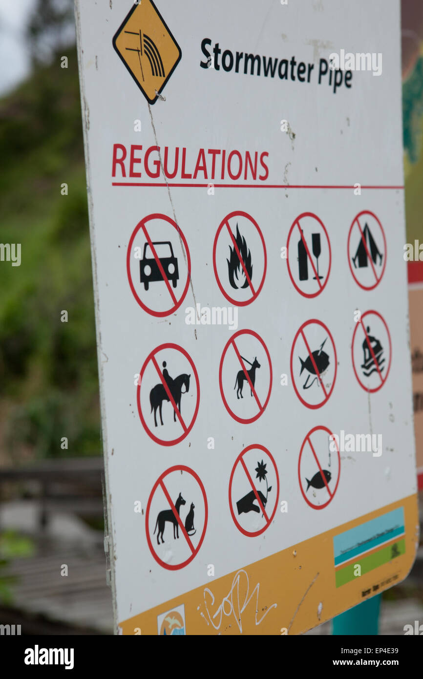 A close up sign of regulations at Wategos Beach in Byron Bay, Australia ...