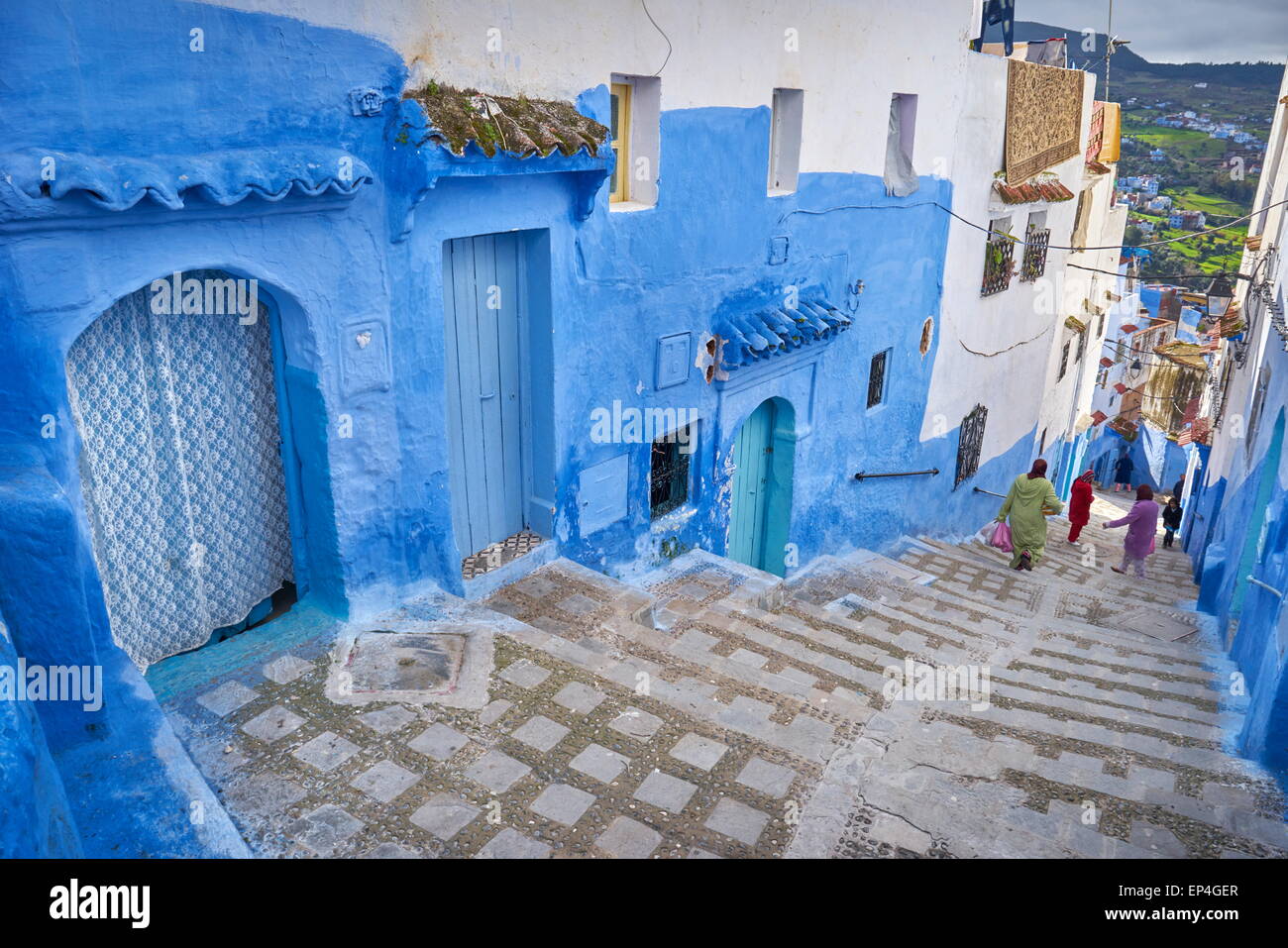 Chefchaouen (Chaouen) walls of buildings are painted blue color ...