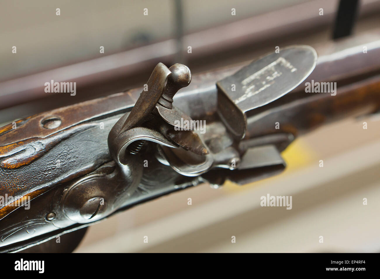 Flintlock mechanism on early 19th century American rifle (musket gun ...