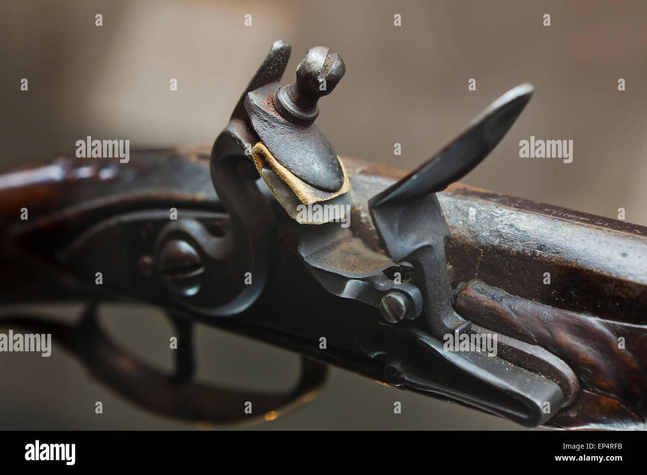 Flintlock mechanism on early 19th century American rifle (musket gun ...
