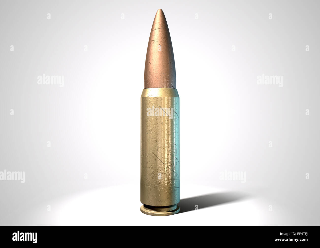 A regular scratched brass and copper bullet on an isolated white ...