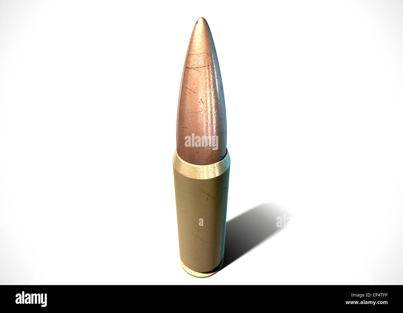 A regular scratched brass and copper bullet on an isolated white ...