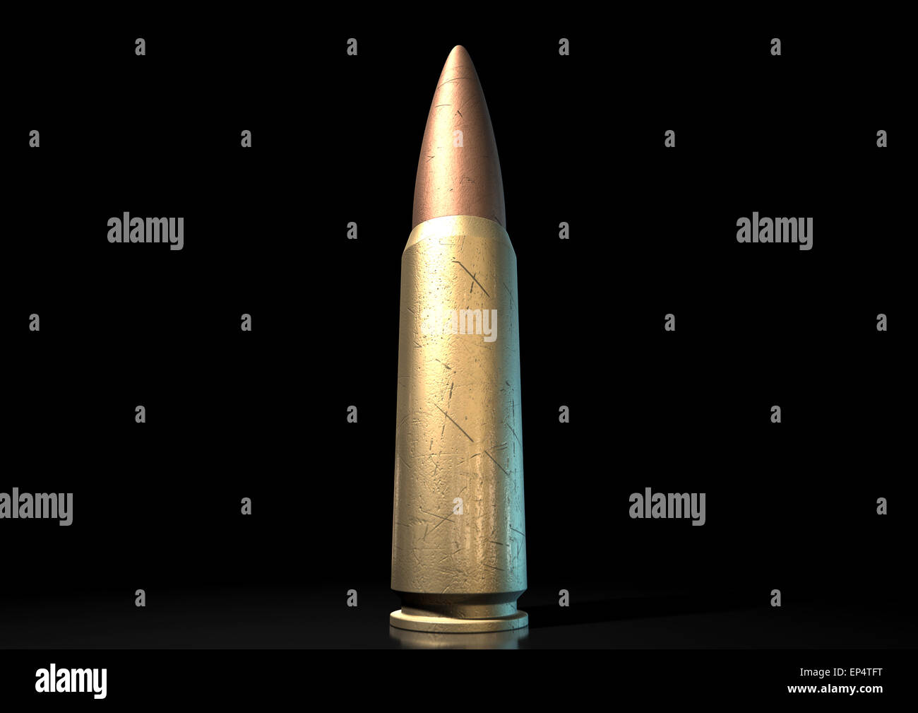 A regular scratched brass and copper bullet on an isolated black ...