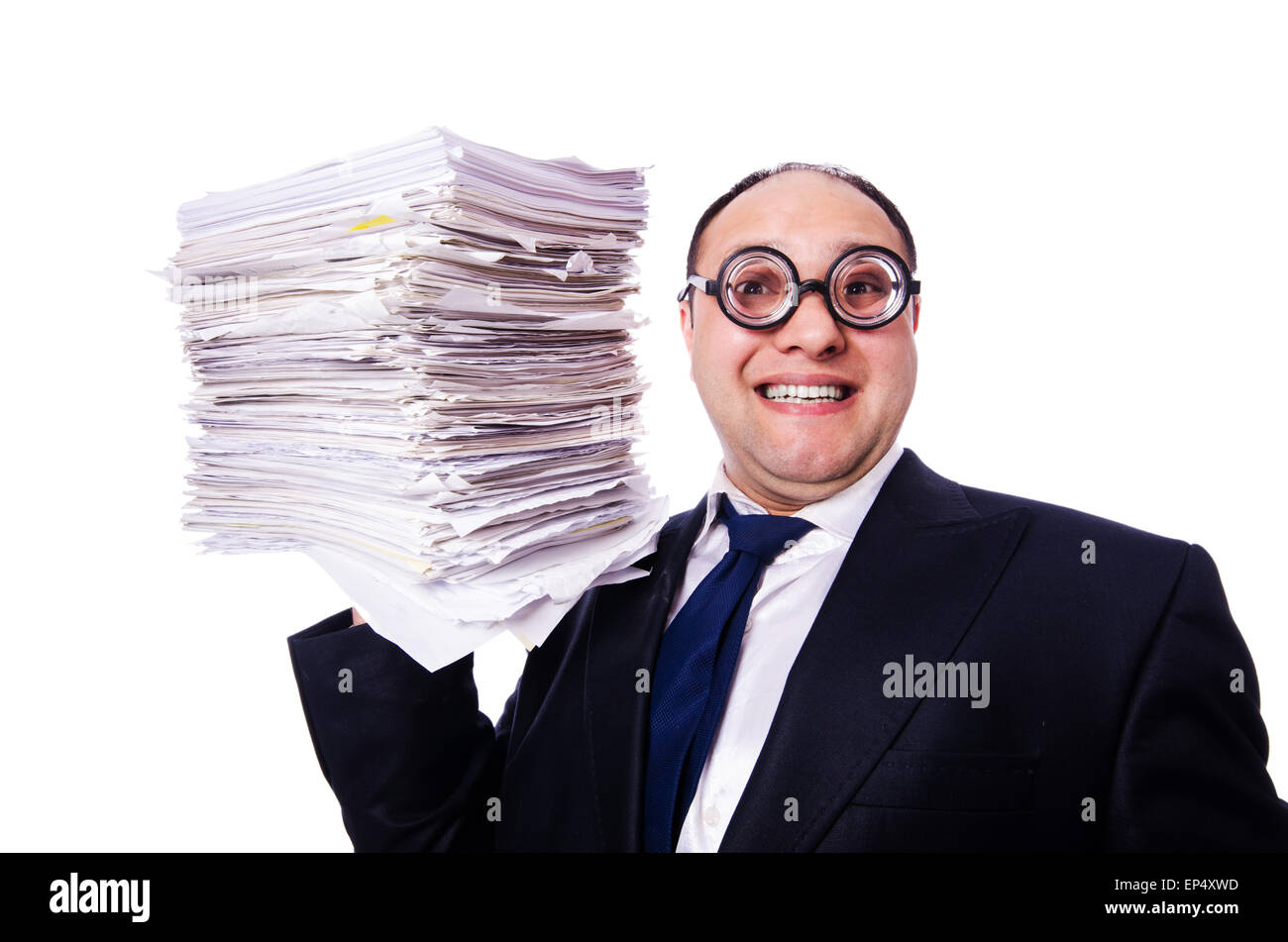 Funny man with lots of folders on white Stock Photo - Alamy