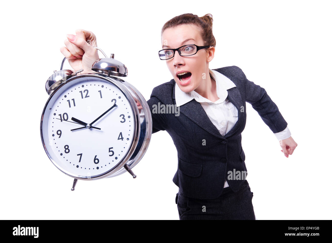 Funny woman with clock on white Stock Photo - Alamy