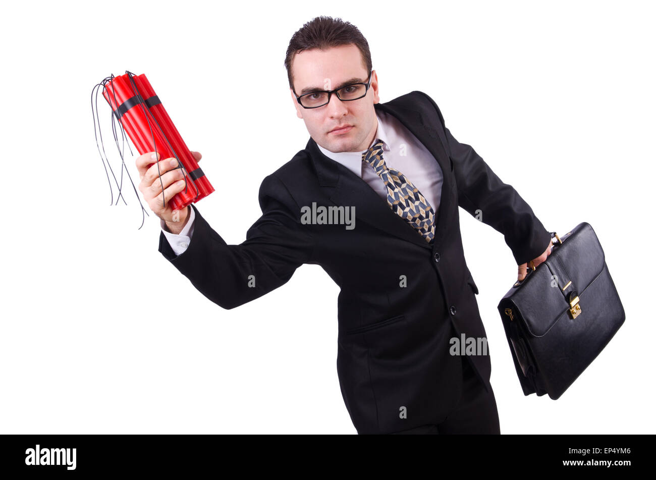Businessman with dynamite isolated on white Stock Photo - Alamy