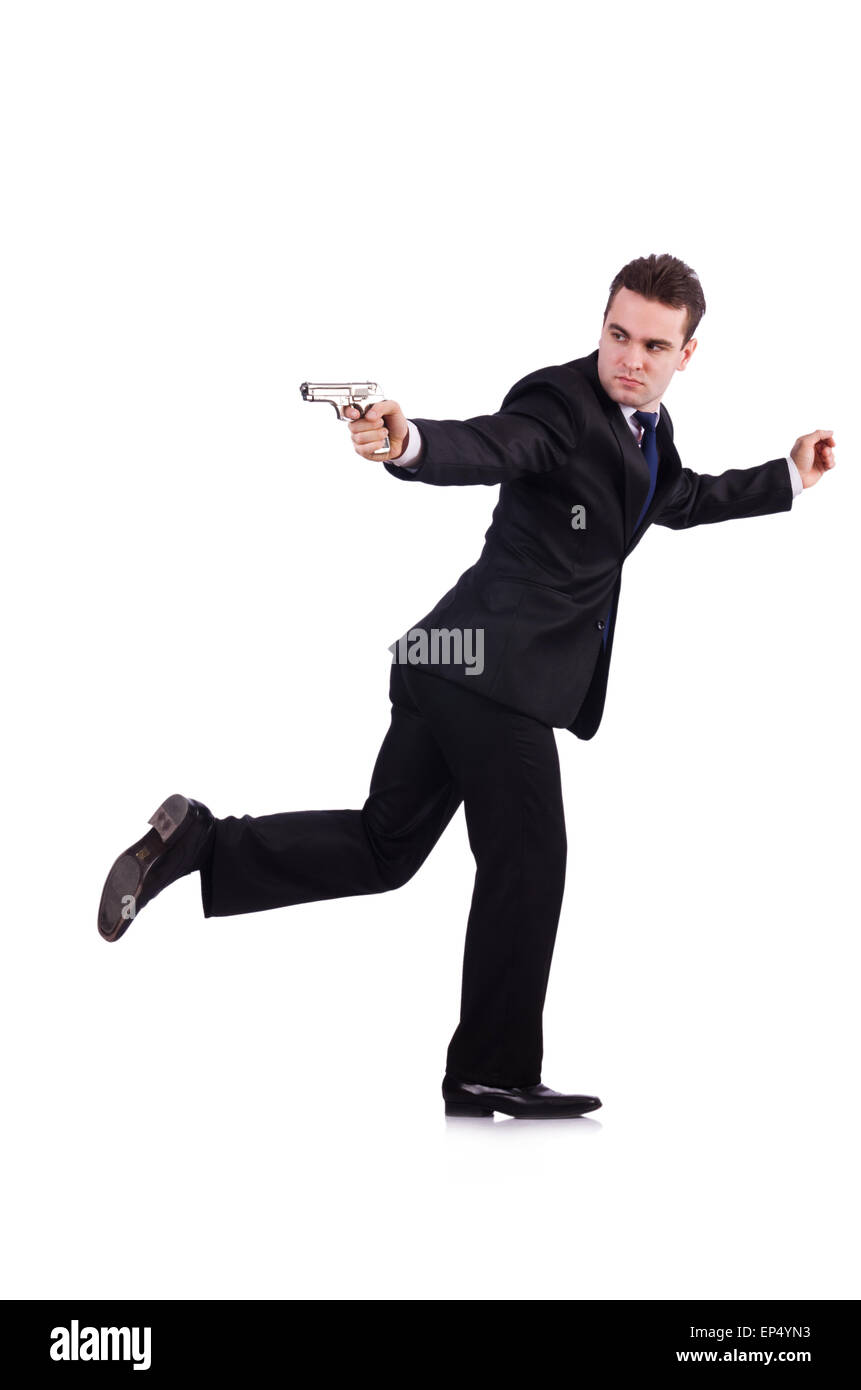 Businessman with gun isolated on white Stock Photo - Alamy
