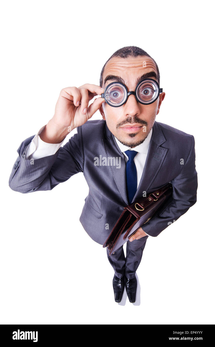 Funny nerd businessman isolated on white Stock Photo - Alamy