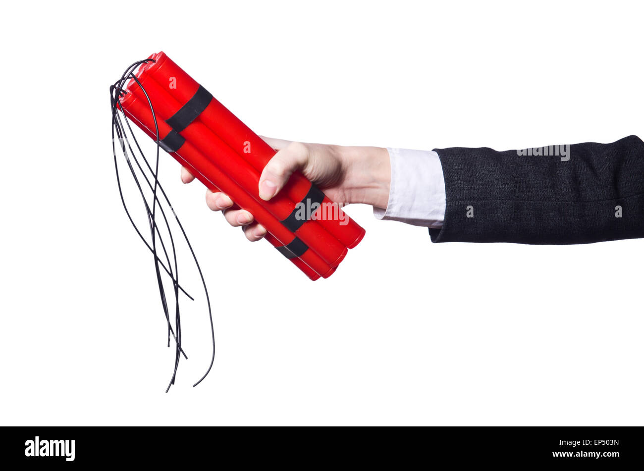 Hand holding bars of dynamite on white Stock Photo - Alamy