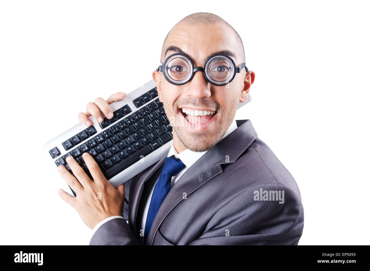 Nerd businessman with computer keyboard on white Stock Photo - Alamy