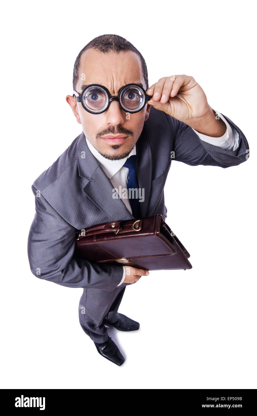 Funny nerd businessman isolated on white Stock Photo - Alamy