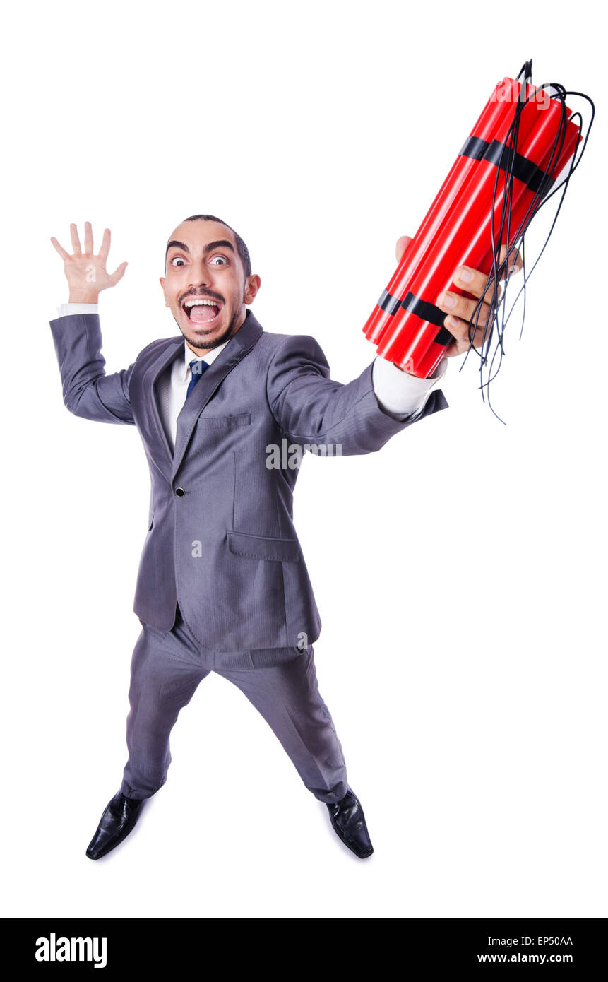 Businessman with dynamite isolated on white Stock Photo - Alamy