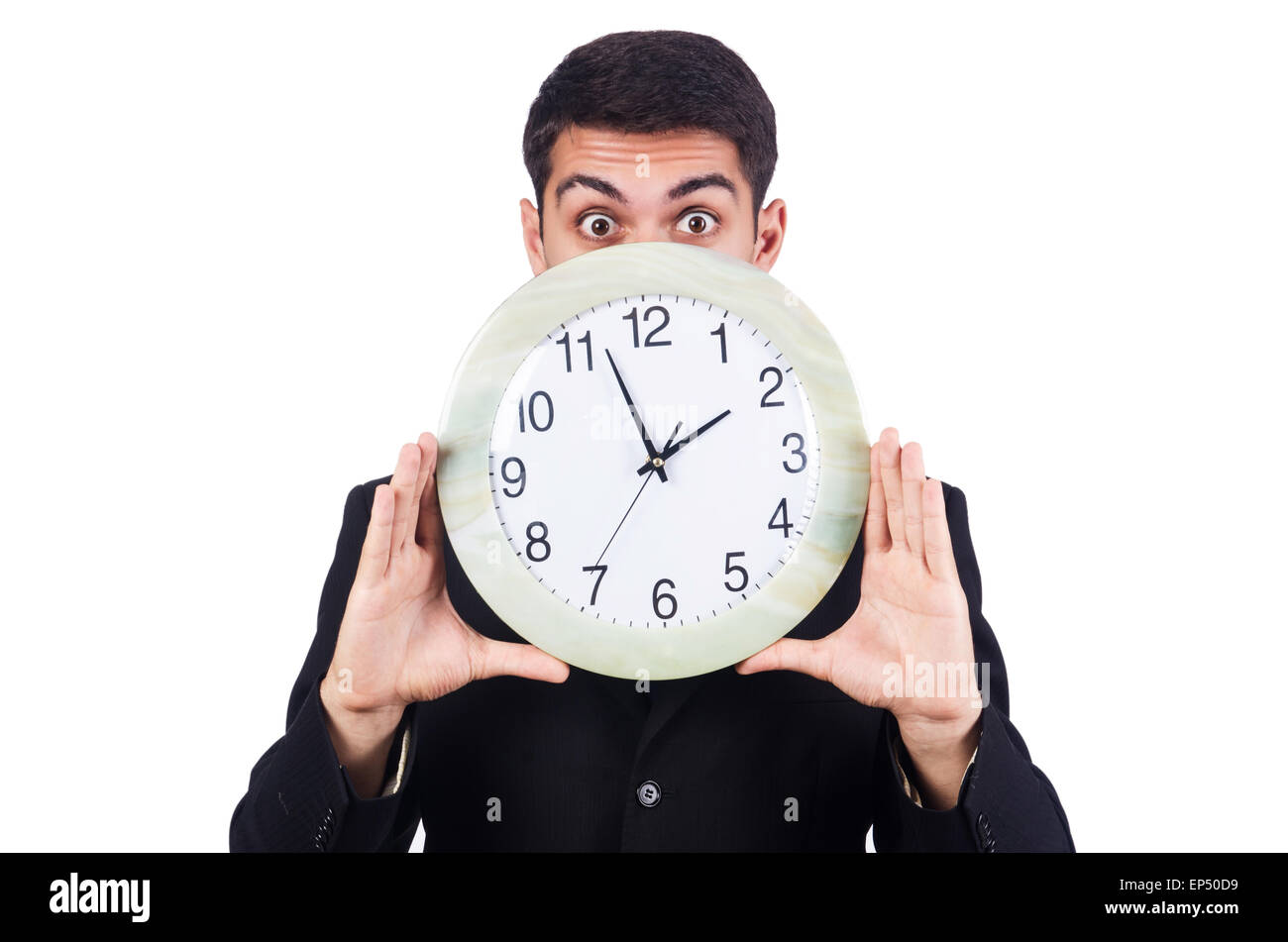 Man with clock isolated on white Stock Photo - Alamy