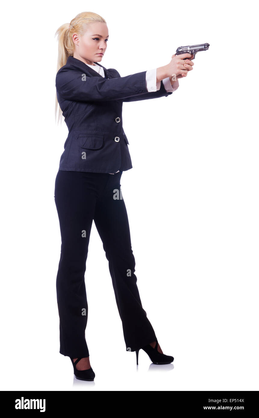 Woman with gun isolated on white Stock Photo - Alamy