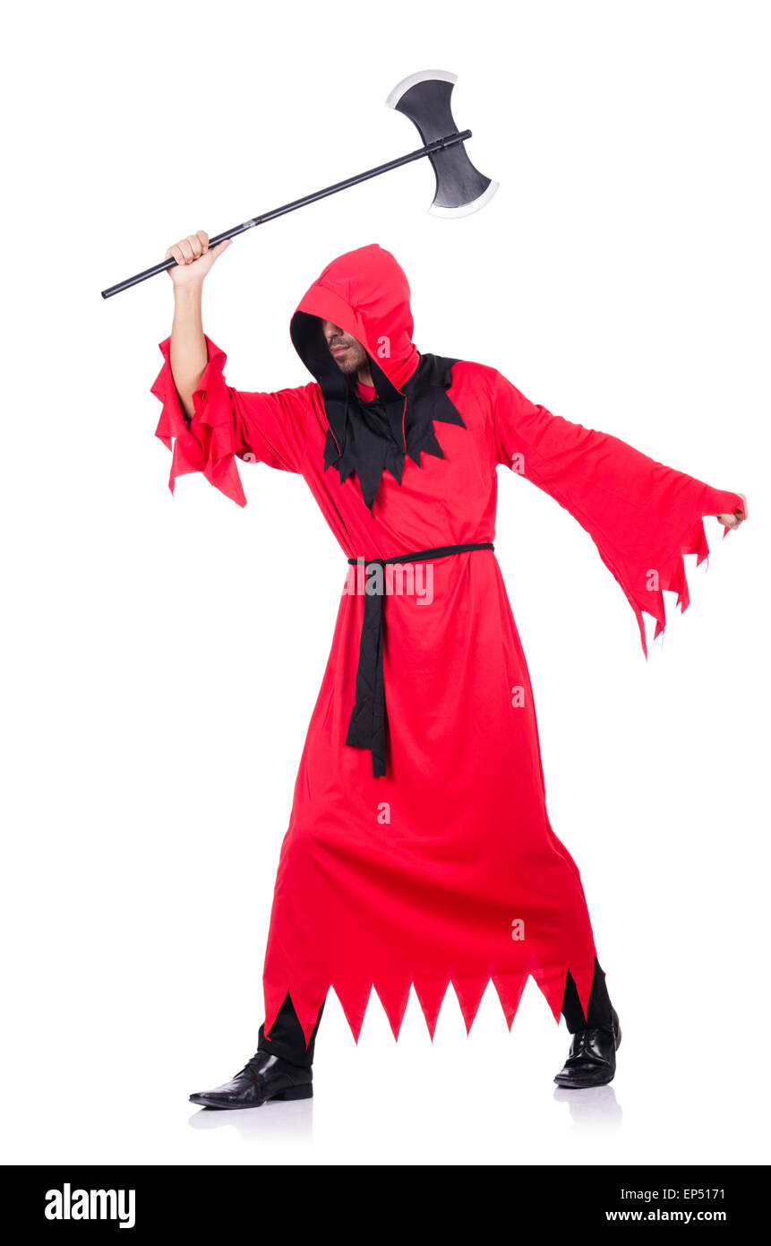 Executioner in red costume with axe on white Stock Photo - Alamy