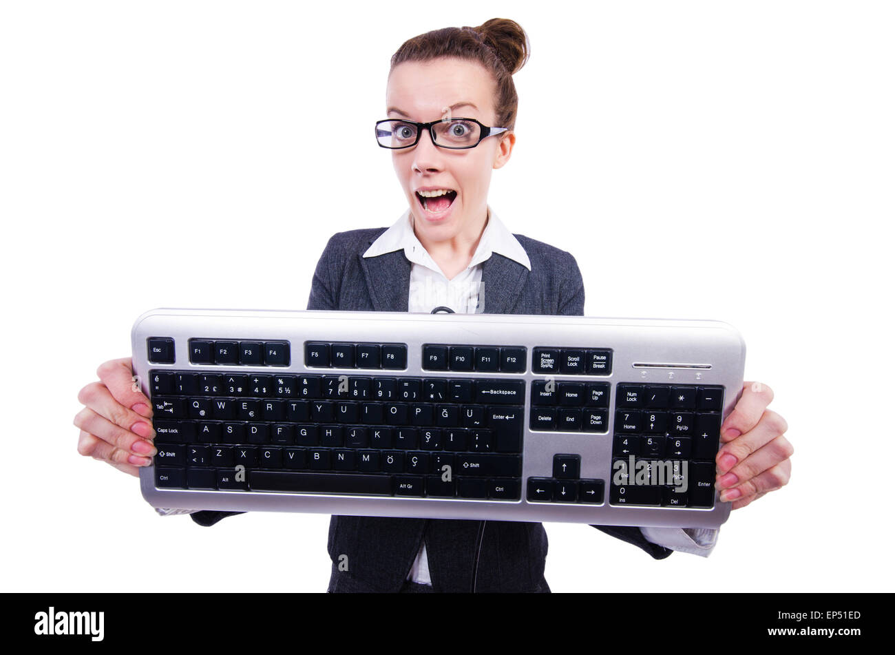 Nerd businessman with computer keyboard on white Stock Photo - Alamy