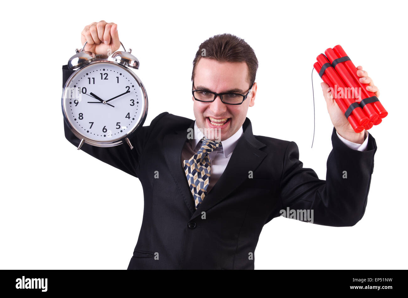 Man with time bomb isolated on white Stock Photo - Alamy