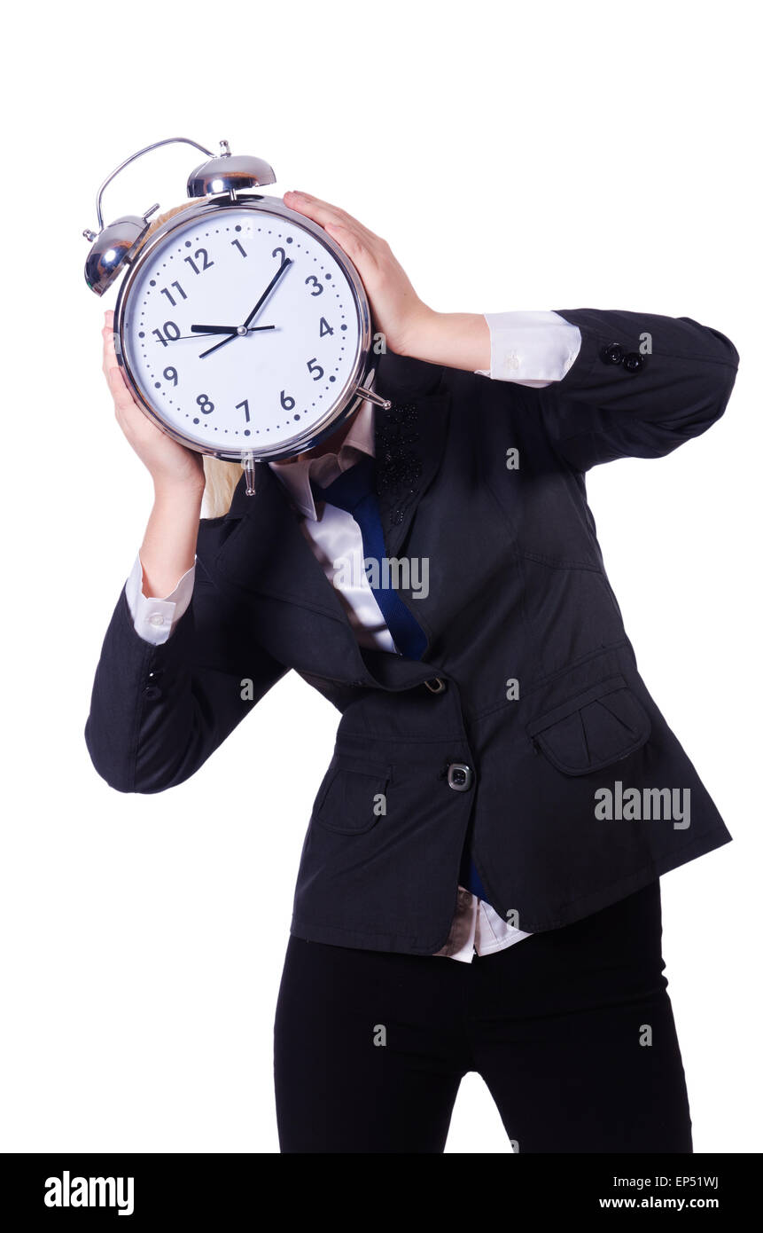 Woman with giant clock on white Stock Photo - Alamy