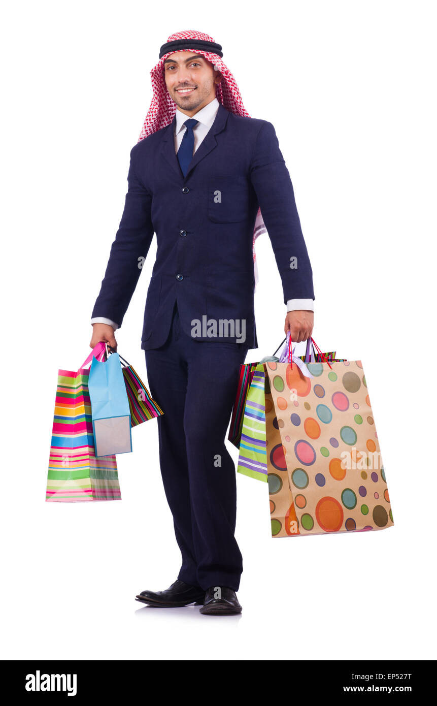 Arab man with shopping gifts on white Stock Photo - Alamy