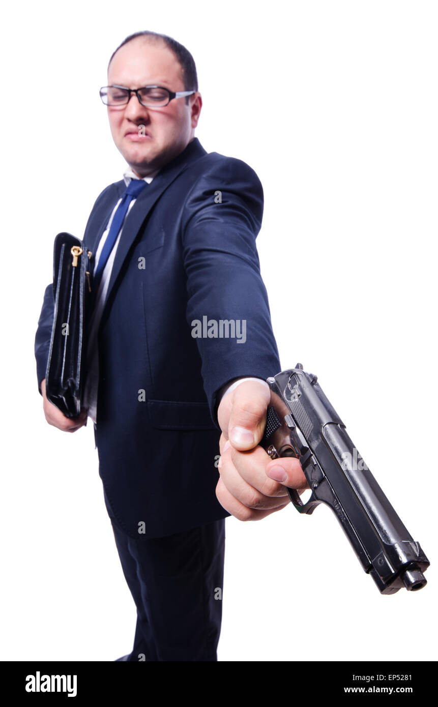 Businessman with gun isolated on white Stock Photo - Alamy